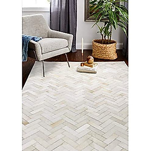 100% Cow Hide Leather Handwoven Flat Weave Patchwork Hand Made Hair Hide Area Rugs Carpet, Beige / Silver, 9.0x12.0 (MC1001-912)