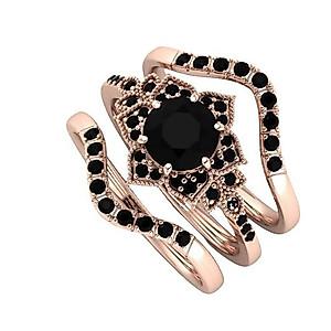 3pcs/Set Pretty Women Rose Gold Filling Inlaid Black Stone Zircon Wedding Rings Set Women Bridal Engagement Fashion Jewelry, 10