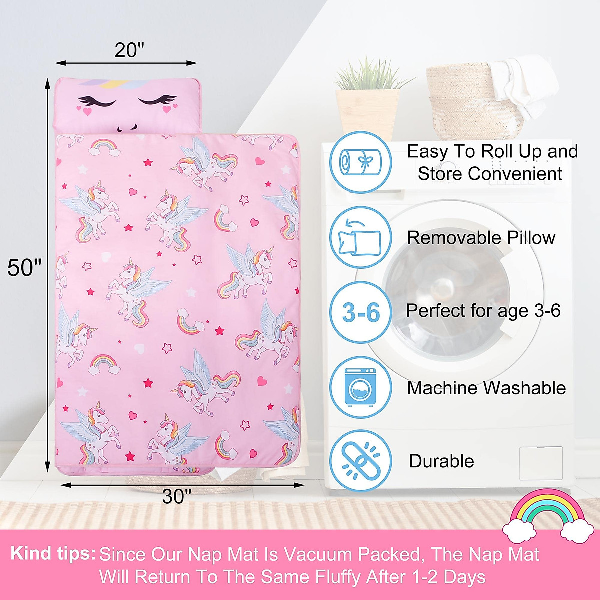 Unicorn Nap Mats for Preschool Daycare Toddler Nap Mat for Girls Daughter Kids Nap Mat with Pillow and Blanket - Christmas Birthday Gifts for Kids Granddaughter Kindergarten Travel Napping,50"x20"