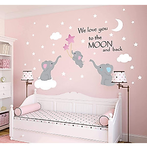 Family Elephant Wall Decal Baby Nursery Decor Kids Room Wall Stickers Large Cute Lovely Elephant Decals with Moon Stars Quote Home Decorations Love You to The Moon and Back 60''W x48''H