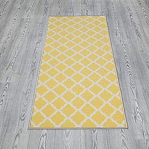 Machine Washable Moroccan Trellis Design Non-Slip Rubberback 2x5 Traditional Indoor Runner Rug for Hallway, Kitchen, Bedroom, Entryway, 20" x 59", Yellow