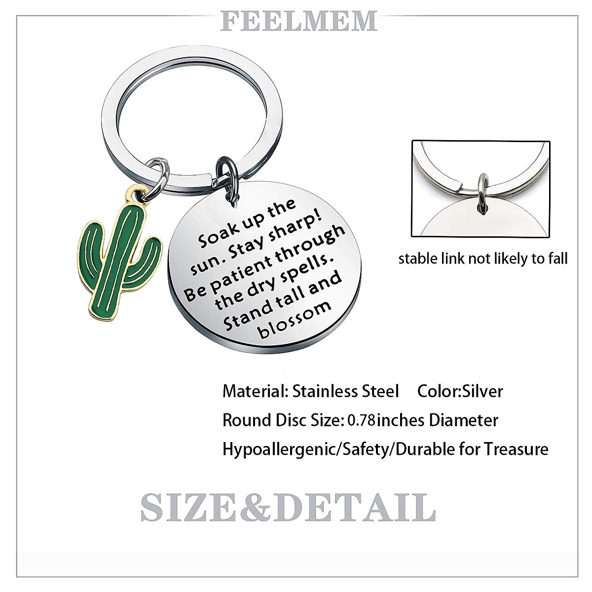 FEELMEM Saguaro Cactus Keychain Soak Up The Sun Stand Tall and Blossom Inspirational Cacti Charms Keychain for Friend Plant Lover Gift (silver)