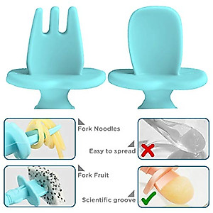 Baby Fork and Spoon Set, Silicone Self Feeding Utensil Easy Grip Toddler Cutlery Kit with Carry Case BPA-Free Anti-Choke for Infant Toddler Children First Led Training Weaning, 6-12 Month (Blue)