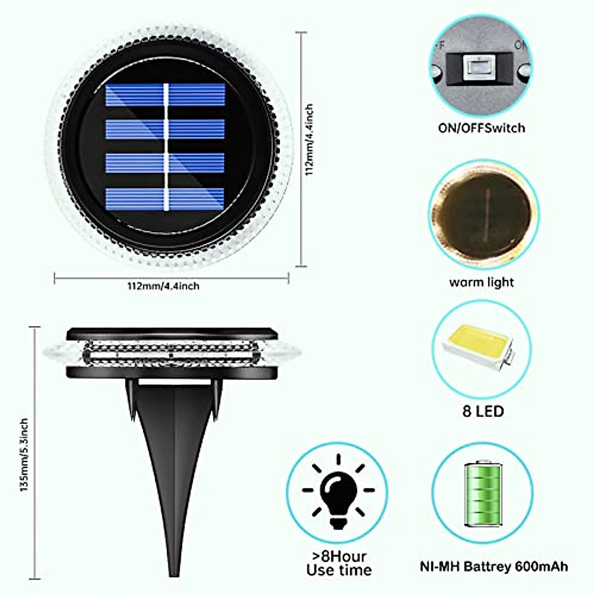 ASLIDECOR Solar Ground Lights Outdoor Waterproof,Warm White Solar Step Lights,2 Pack 8 Led Solar Disk Lights for Outside Stairs Decks Walls(Warm White)