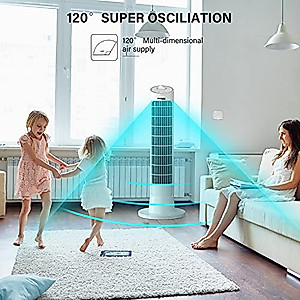 Bruce & Shark 32" White Tower Fan, Oscillating 120 °Tower Fan Quiet Tower Fan Air Supply Outdoor Sleeping Low Noise for Home Bedroom Office Room