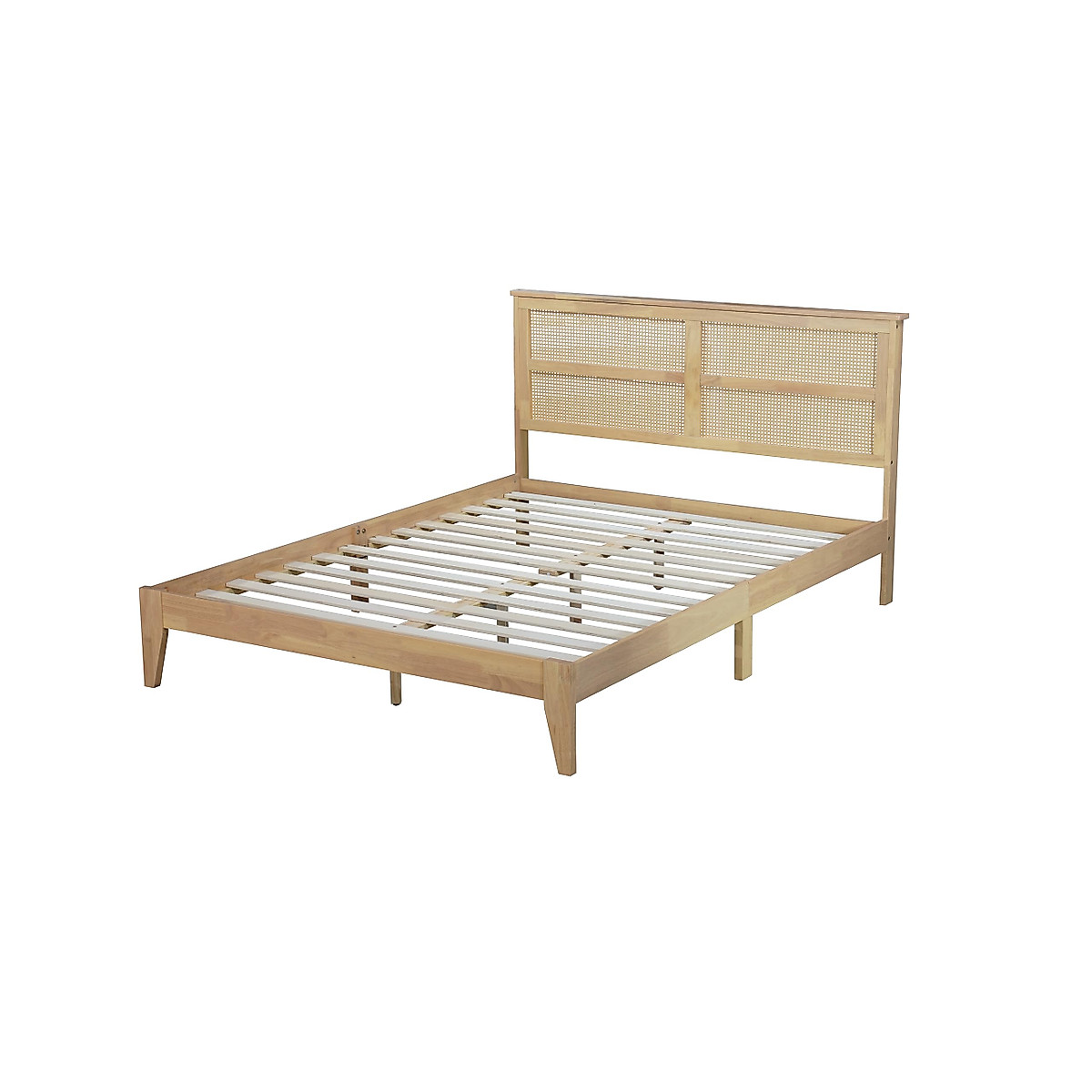 Queen Size Bed Frame with Rattan Headboard,Solid Wood Platform Bed with Strong Wooden Slats,Queen Bedframe,No Box Spring Needed, Natural