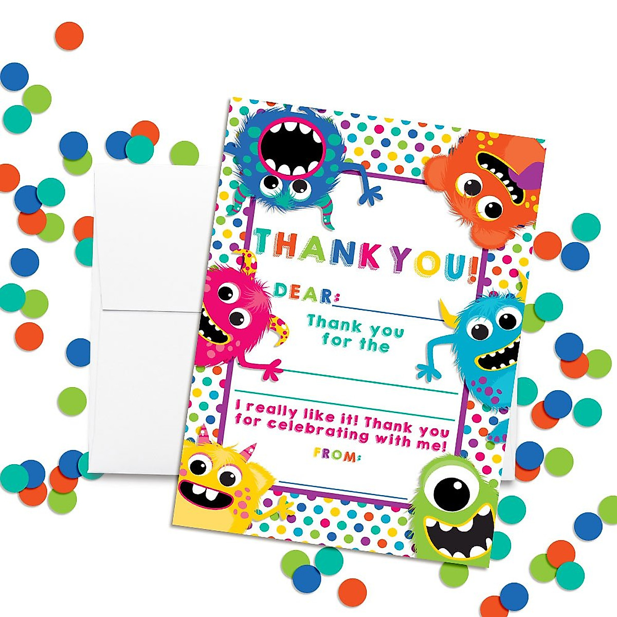 Cute & Colorful Monsters Thank You Notes for Kids, Ten 4" x 5.5" Fill In The Blank Cards with 10 White Envelopes by AmandaCreation