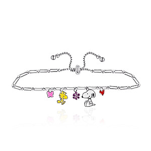 PEANUTS Womens Adjustable Lariat Charm Bracelet - Silver Plated Enamel Charm Bracelet with Snoopy - Official License