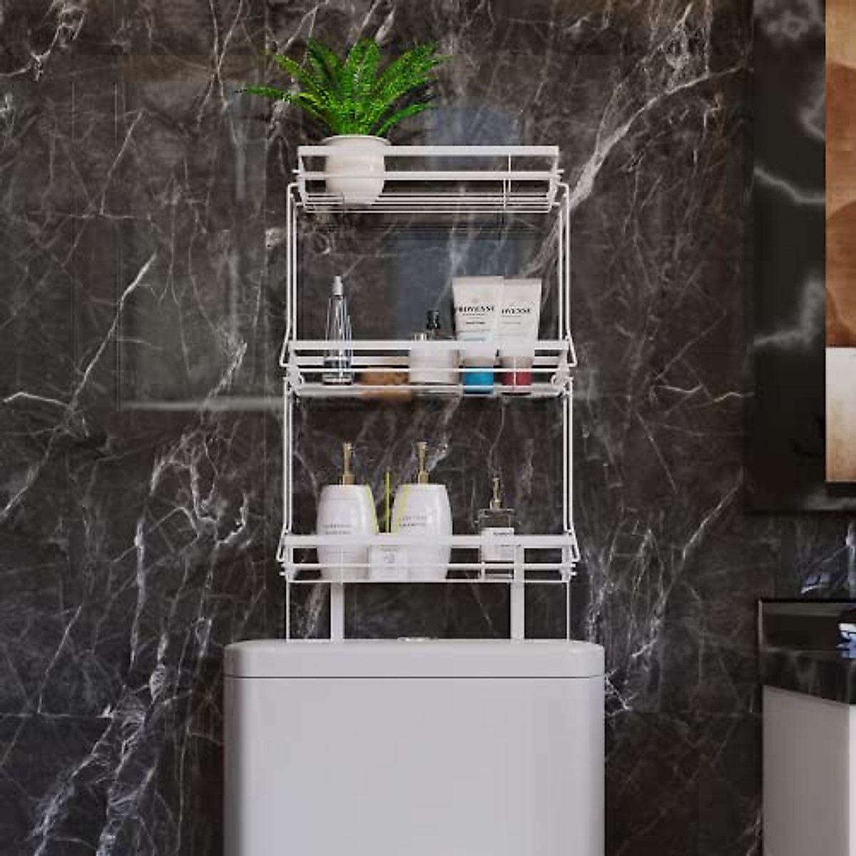 VIREESR Over The Toilet Storage Shelf, 1/2/3 Tier Bathroom Metal Storage Organizer Punch-Free Toliet Storage Shelf, Home Storage Rack with Hooks (3 Tier, White)