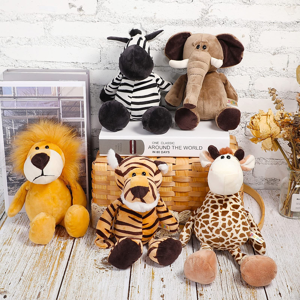 5 Pieces Safari Stuffed Animals Toy Set Includes Lions Tigers Elephants Zebras and Giraffes 11.8 inch Wild Animals Soft Realistic Jungle Animals Toys for Boys, Girls, Adults