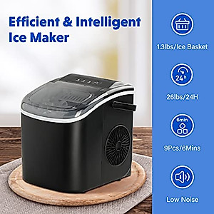 YSSOA Portable Ice Maker for Countertop, 9 Ice Cubes Ready in 6 Mins, 26lbs Ice/24Hrs, with Self-Cleaning Feature, Ice Spoon and Basket, for Home Kitchen Office Camper RV, Black