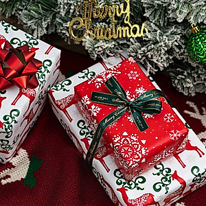 MAYPLUSS Christmas Reversible Wrapping Paper - Mini Roll - 17 Inch X 32.8 Feet- Red Green Reindeer Design (47.3 sq.ft.ttl)