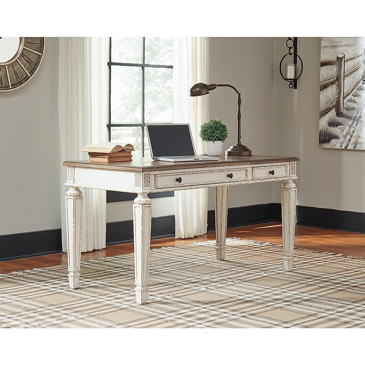 Signature Design by Ashley Realyn French Country 60" Home Office Lift Top Desk with USB Charging, Chipped White