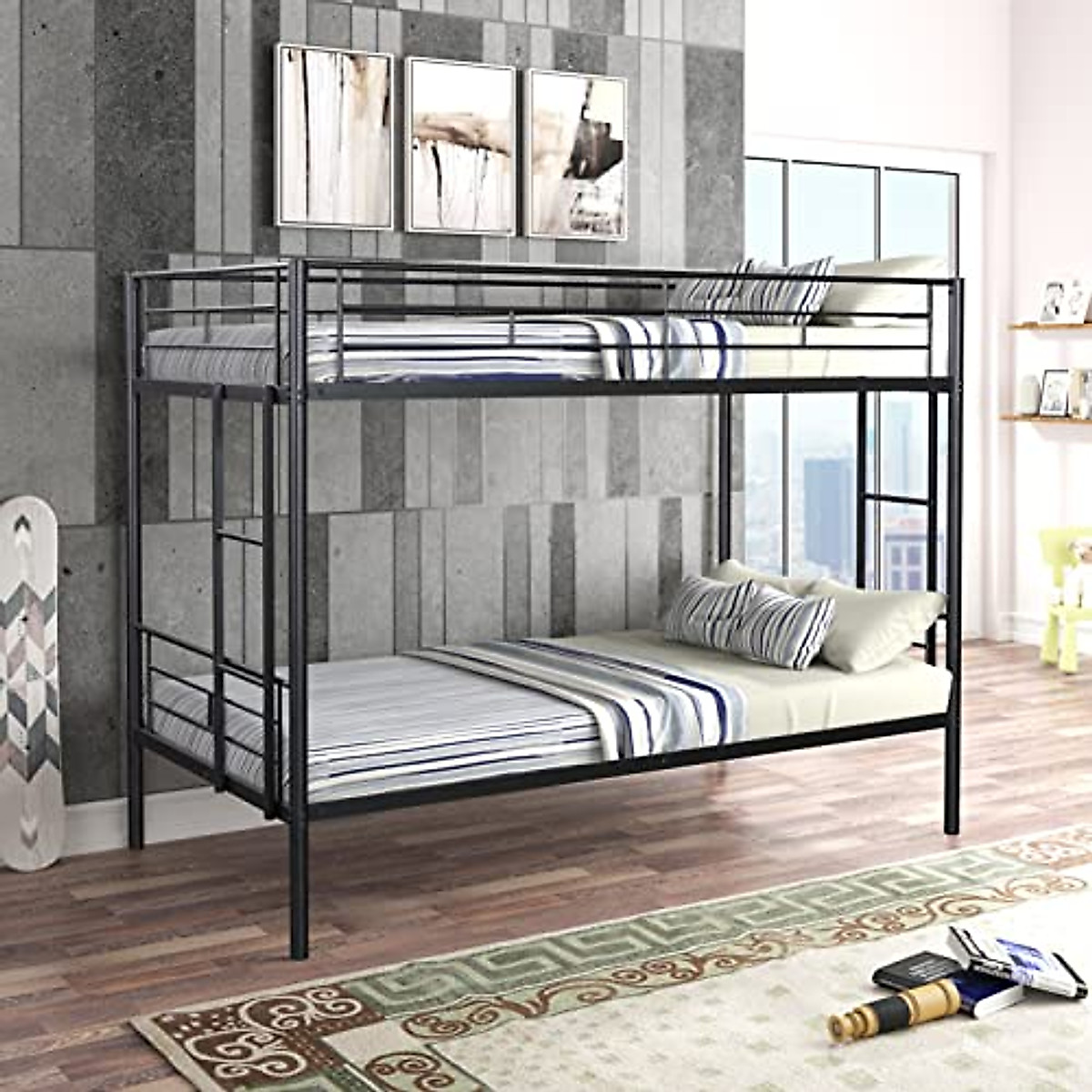 Merax Metal Twin Over Twin Bunk Bed with 2 Side Ladders,Made of Heavy Duty Steel, for Kids Teens Adults(Black)