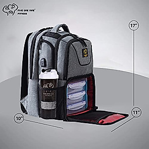519 Fitness Meal Prep Backpack,Insulated Cooler Lunch Backpack with Computer Compartment,Hiking Picnic Cooler Rucksack for Men and Women,3 Meal Containers,2 Ice Packs and Protein Shaker(Grey)