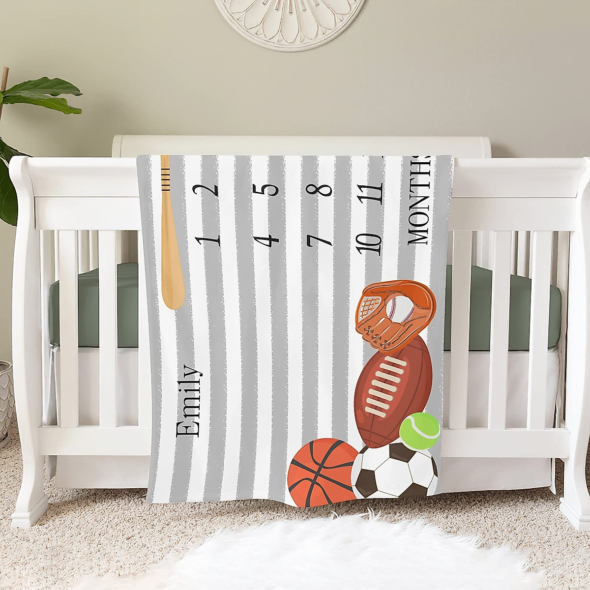 Yeshop Ball Sport Monthly Milestone Personalized Receiving Baby Blankets for Girls Boys Kids with Name,Customized Swaddle Blankets Gift for Newborn Crib Infants 30x40 Inches