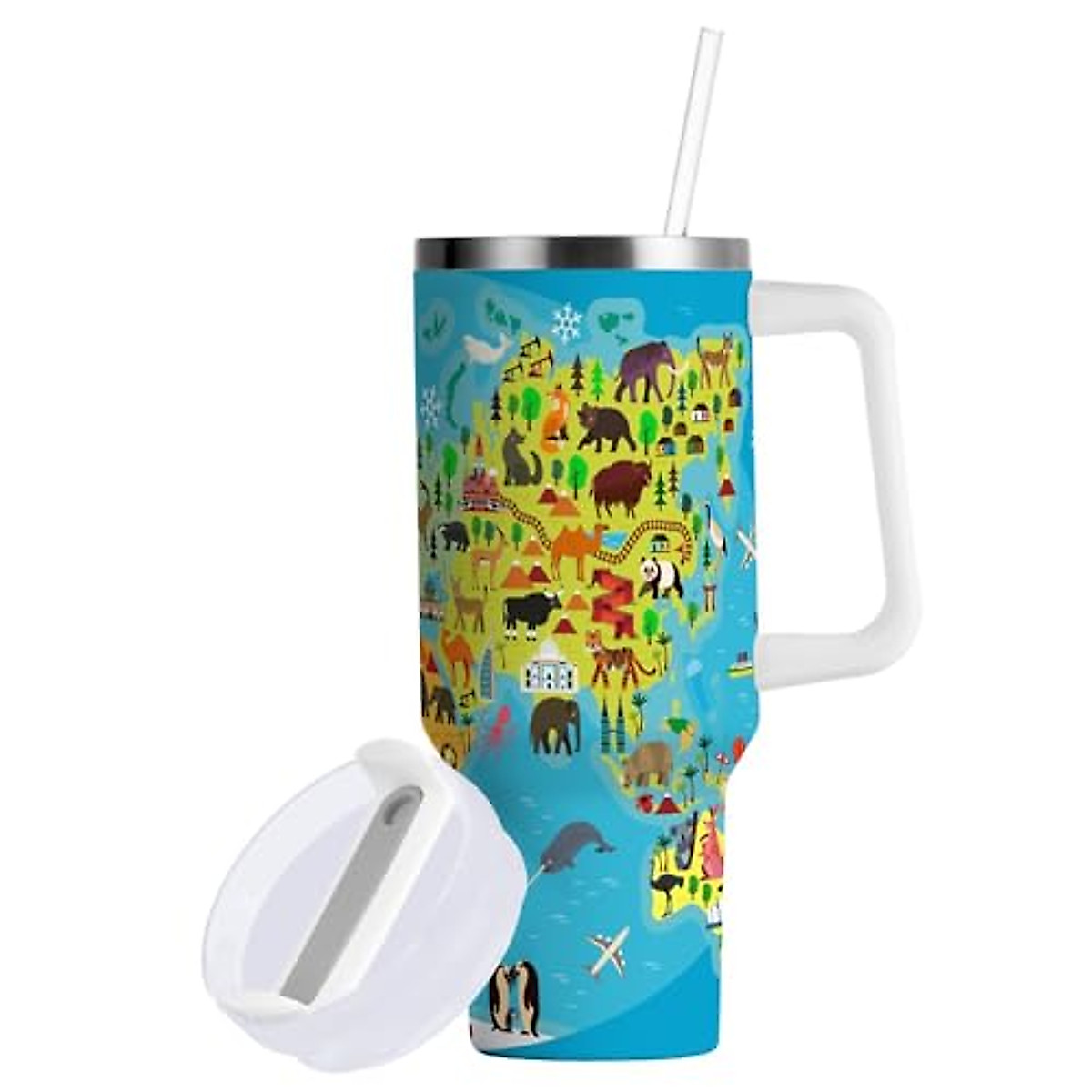 Slewiaeky Tumbler with Handle 40 oz Animal Map Children Travel Mug with Lid and Straw Stainless Steel Vacuum Insulated Water Bottle Cup for Iced Tea Coffee Cold Beverages Cup Holder Friendly