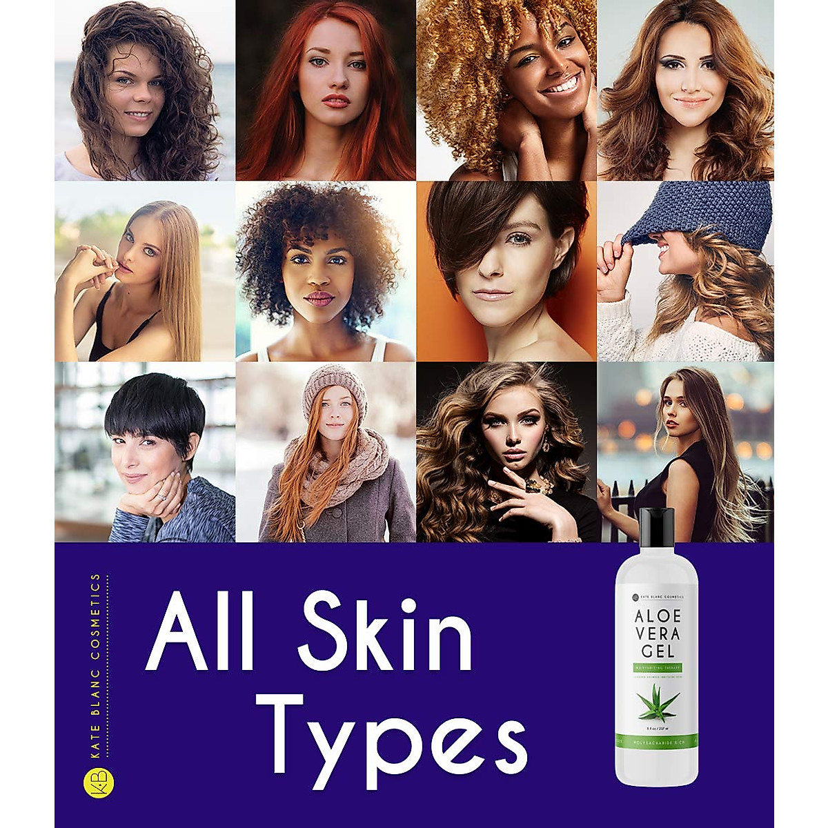 Kate Blanc Cosmetics Aloe Vera Gel for Face and Skin (8 oz) Pure Aloe Vera Gel for Hair Growth. Aloe Gel Great for Sunburn Relief, Burns, Dry Scalp Moisturizer. Made from Organic Aloe Vera Plant