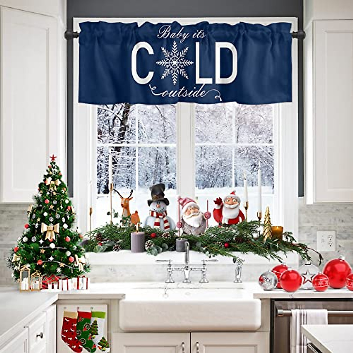 Farmhouse Curtain Valances for Window, Christmas Valance Curtains Rod Pocket Window Kitchen Curtain for Bedroom Living Room Cold Winter Snowflakes Blue Backdrop （54x18inch, 1 Panel）