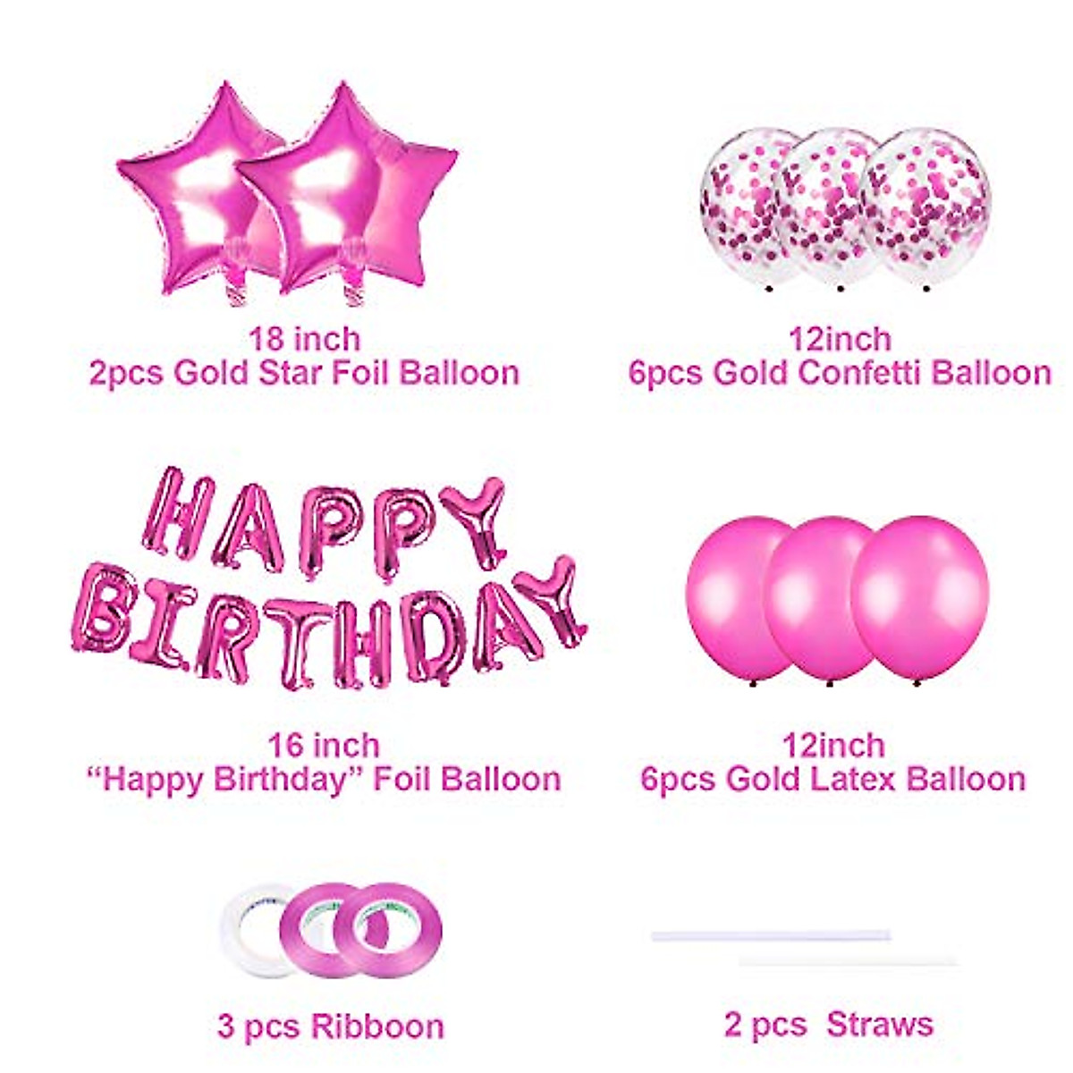 ANYI16 Happy Birthday Balloons Decorations set 13pcs Pink Foil Mylar letter Balloons Banner 12pcs Latex Confetti Balloons 2pcs Giant Star Balloons for Birthday Party Decorations and Supplies(pink)
