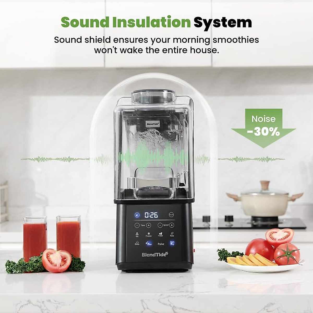 BlendTide Commercial Blenders 64oz for Kitchen: Quiet Professional Vacuum Blender for Smoothies & Shakes - 1500W High Power Blender with Sound Shield - Countertop Blenders Heavy-Duty, Black