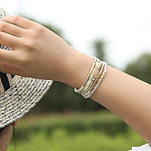 FANCY SHINY Leather Wrap Bracelets Crystal Beads Bracelet Boho Cuff Stone Charm Bracelets with Clasp Costume Jewelry for Women(Beige)