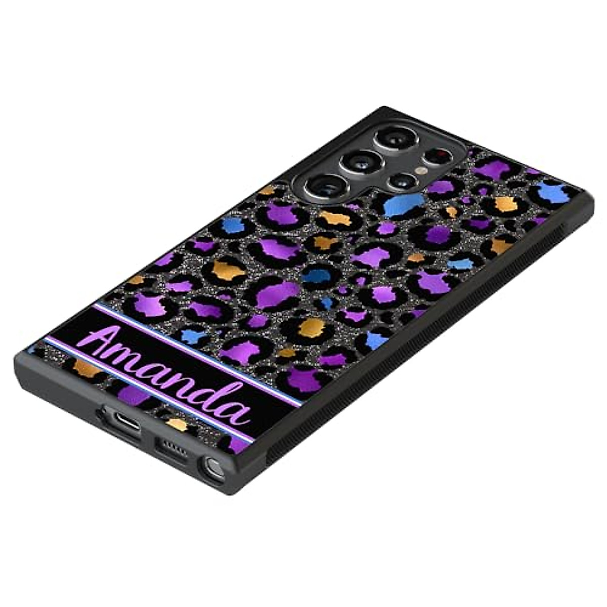 Space Leopard Purple Gold Personalized Black Rubber Phone Case Compatible With Samsung Galaxy S23, S23+, S23 Ultra, S22, S22+, S22 Ultra, S21 FE, S21, S21+ S20 FE S20 + Ultra 20 Ultra10+ S10 S10+