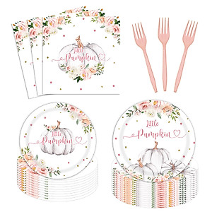 96PCS Pumpkin Baby Shower Party Tableware Set Floral Pink and Gold Girl Little Pumpkin baby Shower Party Supplies Disposable Dinnerware Plates Napkins Forks Serves 24 Guests