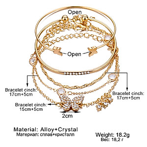 Caiyao Layered Stacking Link Chain Butterfly Bracelet Bangle Set Bohemian Paperclip Rhinestone Bead for Women 14K Gold Plated Animal Jewelry-D butterfly-2