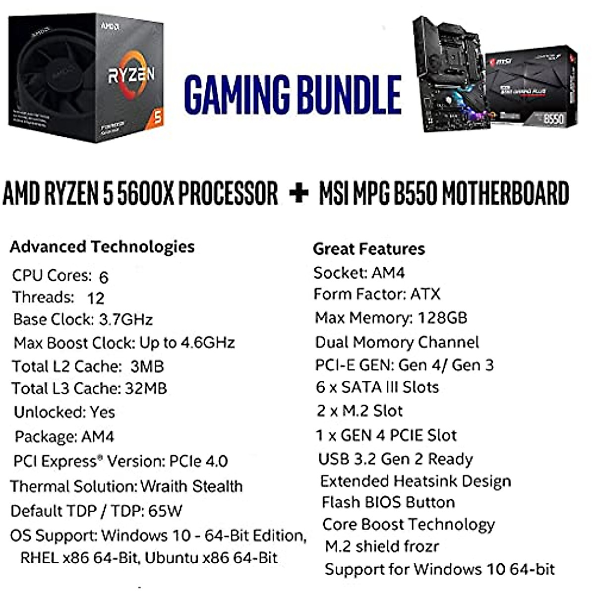 Micro Center AMD Ryzen 5 5600X Desktop Processor 6-core Up to 4.6GHz Unlocked with Wraith Stealth Cooler Bundle with MSI MPG B550 Gaming Plus ATX Gaming Motherboard (AMD AM4, DDR4, PCIe 4.0, M.2)