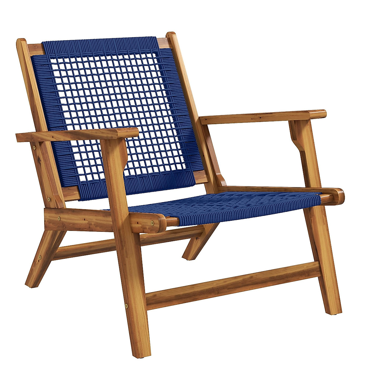 Outsunny Patio Acacia Wood Adirondack Chair, Modern Wood Fire Pit Chair with PP Rope Weave, Coconino Lounge Chair with High Backrest Support, Dark Blue