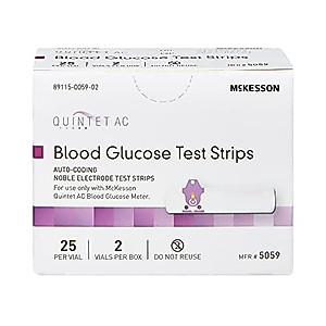 McKesson QUINTET AC Blood Glucose Test Strips - Auto Coding, Noble Electrode Strips, for Self-Testing and Point-of-Care Testing of Whole Blood Glucose, 100 Strips, 2 Packs, 100 Total