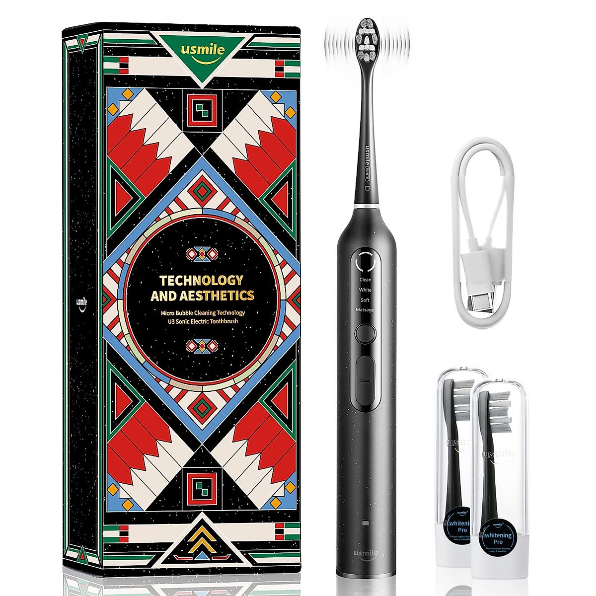 usmile Electric Toothbrush, Sonic Electric Toothbrush with Smart 3D Display, 4 Modes and 3 Intensities, Built-in Timer, U3 Black
