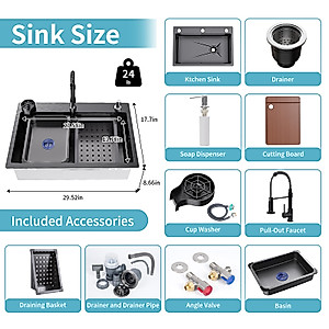 29.5 x 18 inch Kitchen Sink, Single Bowl Stainless Steel Sink Multifunctional Drop In Sink with Pull-Down Faucet and Multiple Accessories (Black Grey, 29.5 * 18)