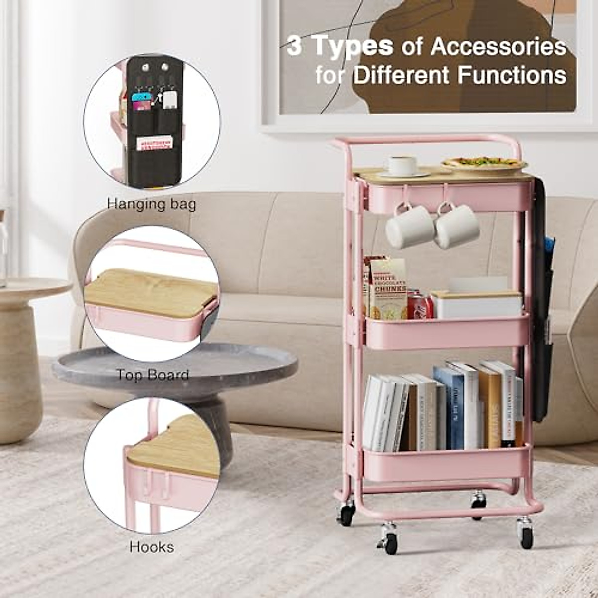 DTK 3 Tier Metal Utility Rolling Cart with Table Top and Side Bags, Metal Tray Storage Organizer Cart with Wheels, Art Craft Cart with 4 Hooks for Kitchen Bathroom Office Living Room (Pink)