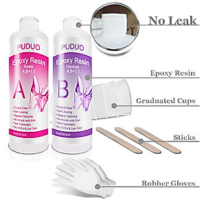 Epoxy Resin Crystal Clear Kit for Art, Jewelry, Crafts, Coating- 16 OZ Including 8OZ Resin and 8OZ Hardener | Bonus 4 pcs Measuring Cups, 3pcs Sticks, 1 Pair Rubber Gloves by Puduo
