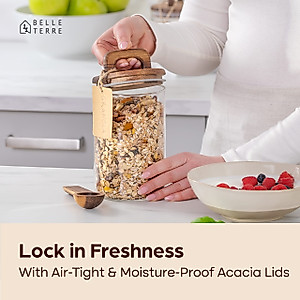 BELLE TERRE Premium Glass Jar Set - 5 Canisters with Airtight Natural Acacia Lids, Custom Labels & Spoons - Food Storage Containers & Pantry Organization - 17oz, 34oz, 68oz - Transparent, Durable