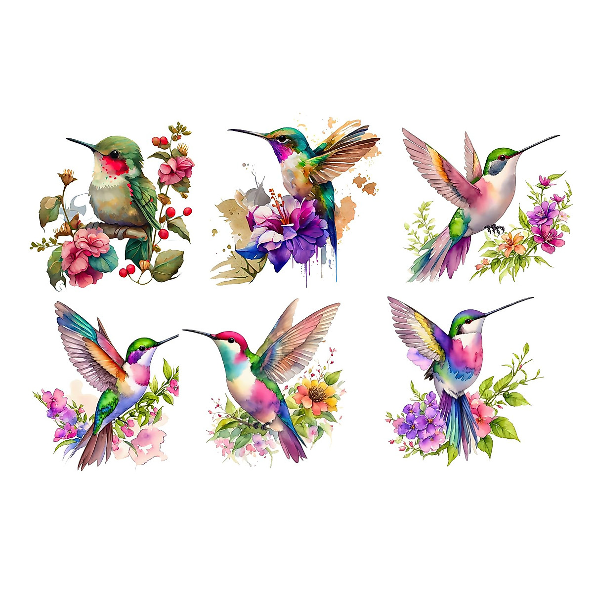 6 Piece 6"x6" Hummingbirds Fabric Panel Squares - Quilting Panel Blocks