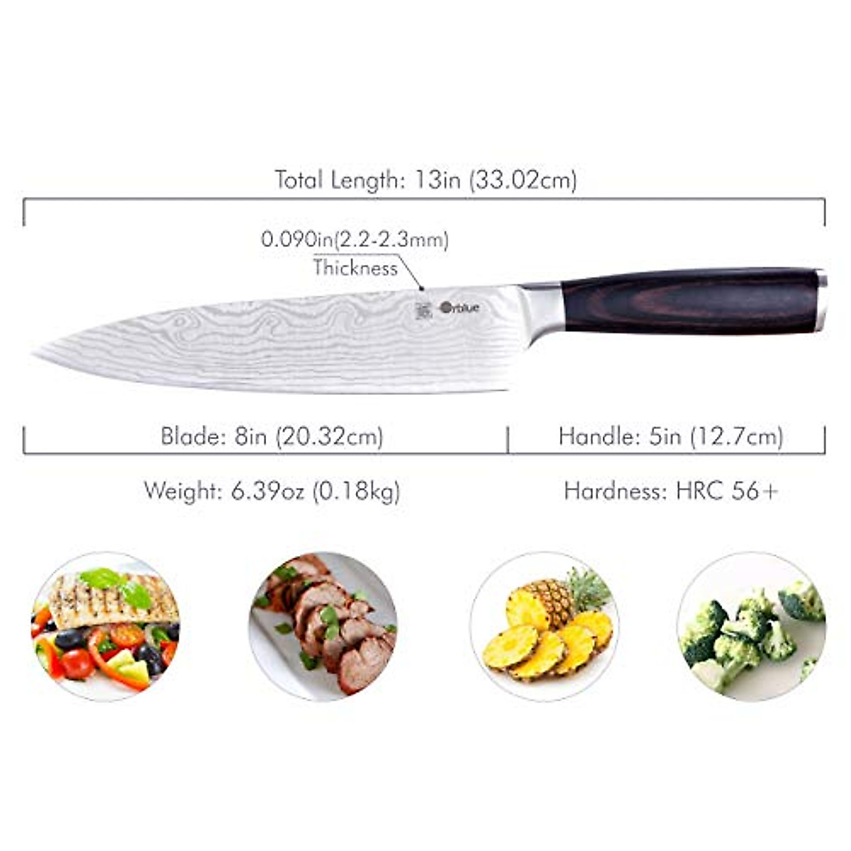 Orblue Chef Knife, 8-Inch High Carbon German Stainless Steel Kitchen Chef's Knife for Cutting, Chopping, Dicing, Slicing & Mincing – Professional Cooking Knife with Ergonomic Handle & Sharp Blade