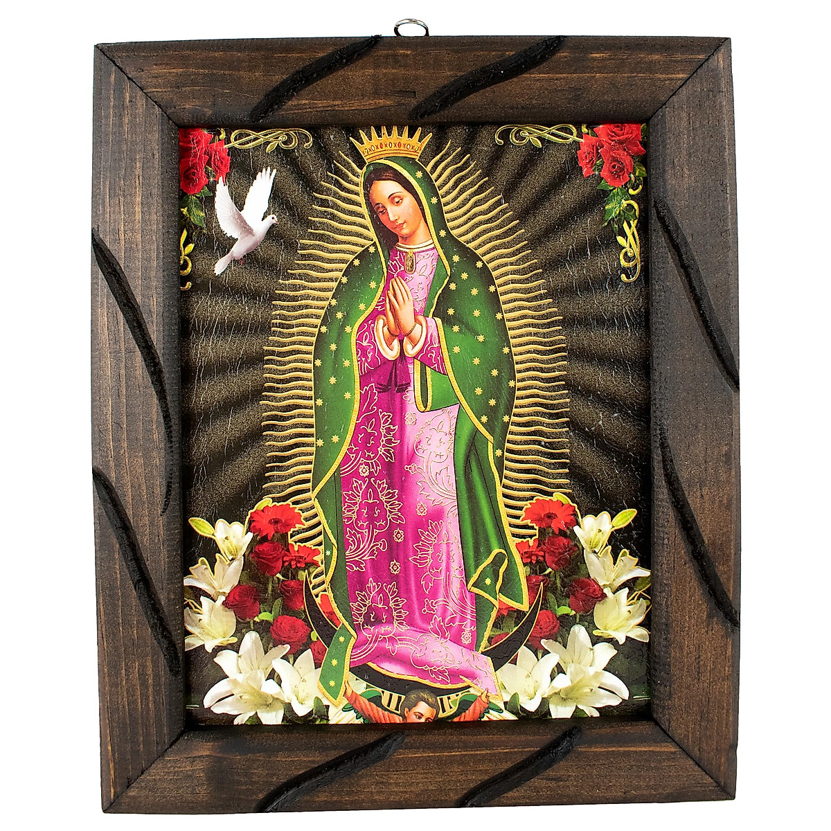 Mrcjsales- Our Lady of Guadalupe image with dove an flowers in rustic frame, Oil painting, 24''x36'', 13''x18'', 10''x12'' inches, religious art image, Virgen de Guadalupe con paloma y flores, Cuadro rustico , Home decor, wall decor, church events, gifts