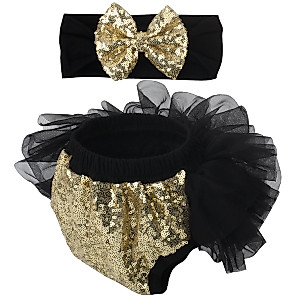 Slowera Baby Girls 2PCS Sets Cotton Tulle Sequins Diaper Cover Bloomers and Headband (Black Gold, S: 0-6 Months)