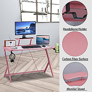 DEILALY Gaming Desk 45 Inch Computer Table Gamer Desk with Monitor Shelf Escritorios Mesa Office Home Study Desk Work Station PC Table Carbon Steel Leg with Headphone Holder Apartment Corner Desk Pink