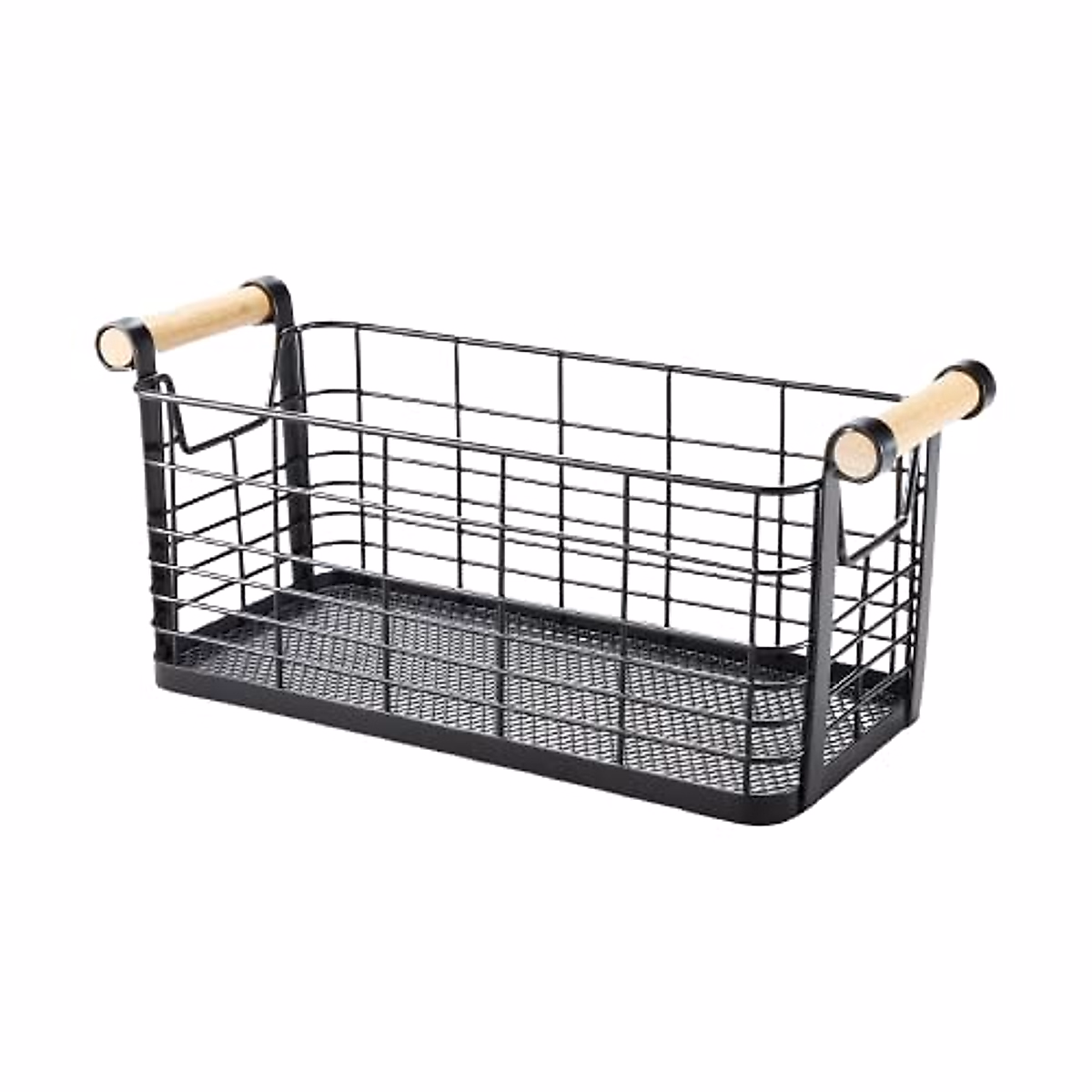 Black Little Rectangular Wire Basket with Natural Wood Handles
