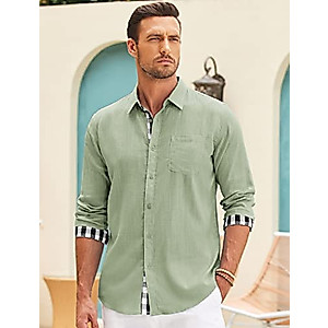 COOFANDY Mens Shirt Plaid Spread Collar Business Casual Work, Light Green, Large, Long Sleeve