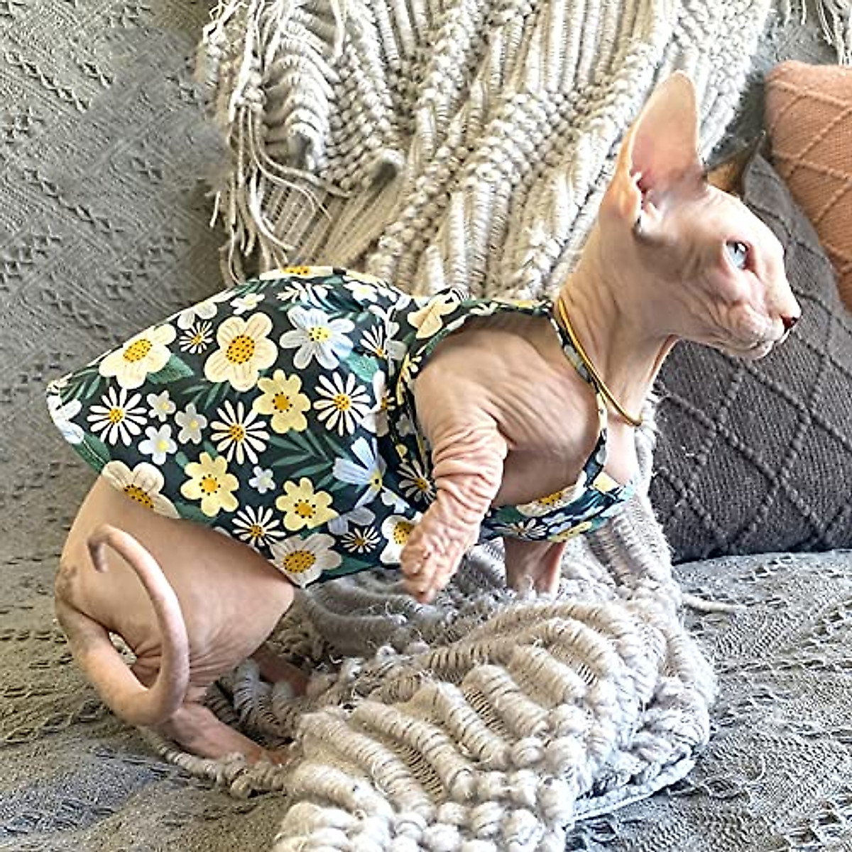 Hairless Cat Clothes - Breathable Summer Cotton Sundress with Sunflower Print Suspender Skirt Elegant Romantic Girly Vest Soft Princess Dress for Sphynx, Cornish Rex, Devon Rex, Peterbald (XS)
