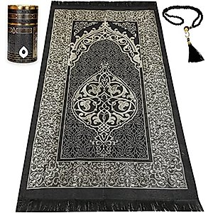 Kapobia Muslim Prayer Rug Islam and Beads, Kaabe Design Box Eid Ramadan Gifts Islamic Set Carnal Salah Mat Taffeta Fabric Black Soft Prayer Mats Men and Women