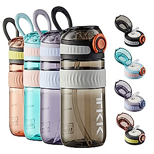 TKK 18oz Kids Water Bottles with Straw Lid & Carry Handle, Pop Button BPA Free Leak Proof Water Bottle for School, Black-NEW