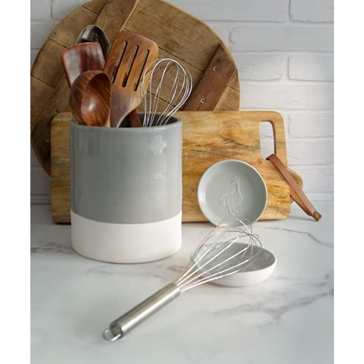 Utensil holder – crock - caddy - Extra Large ceramic organizer for kitchen countertop - modern or rustic farmhouse decor - gray & natural white - jar holds all spatulas, spoons & tools