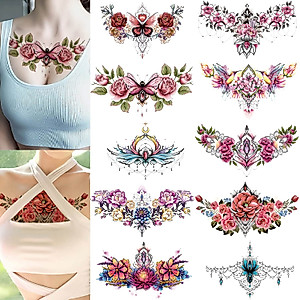 Glaryyears Chest Underboob Temporary Tattoo for Women, 10-Pack Large Floral Fake Realistic Tattoos, Long-lasting Creative Removable Tattoo Stickers, Sexy Rose Flower Tramp Stamp Sketch on Body
