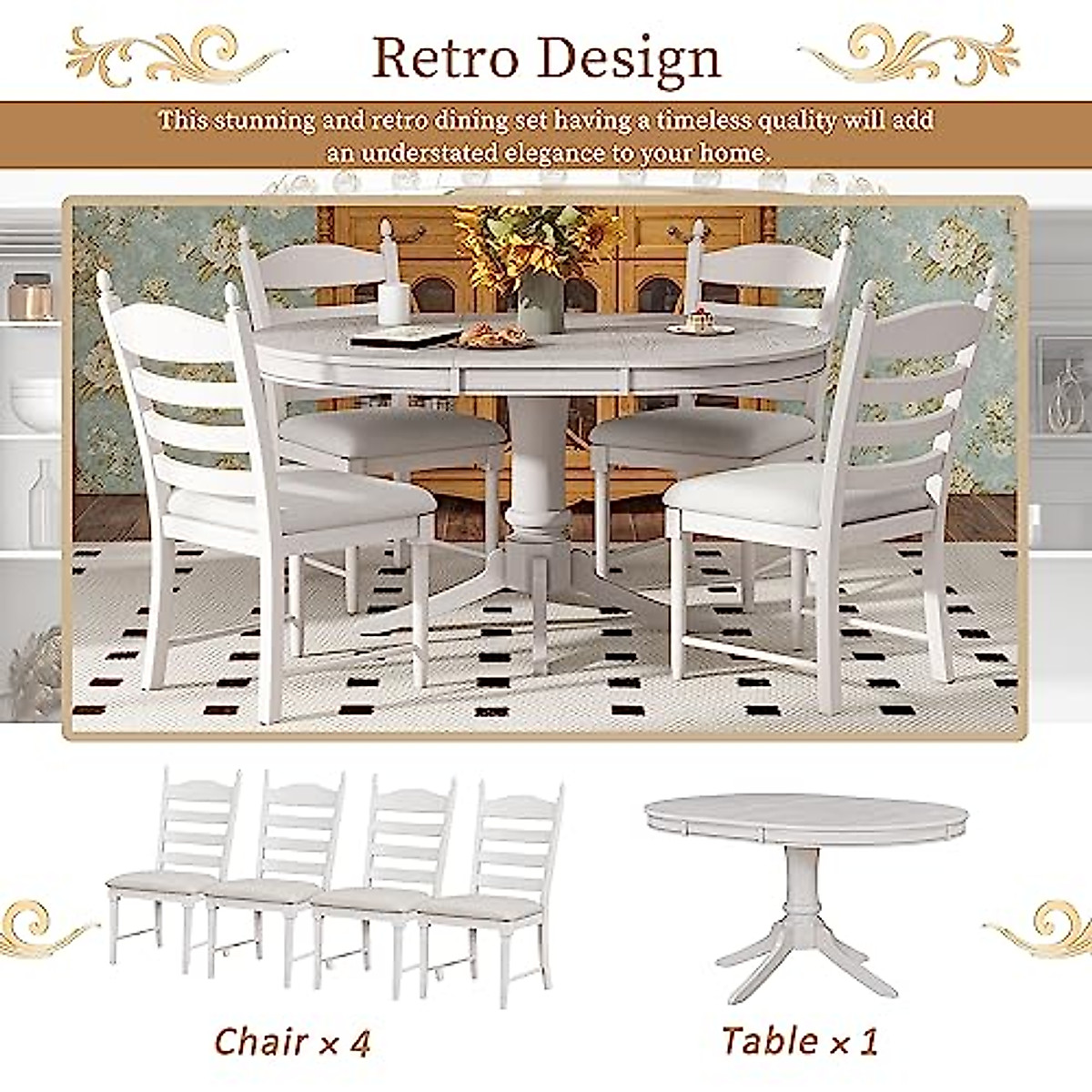 WOZNLA 5-Piece Vintage Round Wood Extendable Dining Table Set with Four Cushioned Chairs - Charming Antique White Dining Ensemble for 4